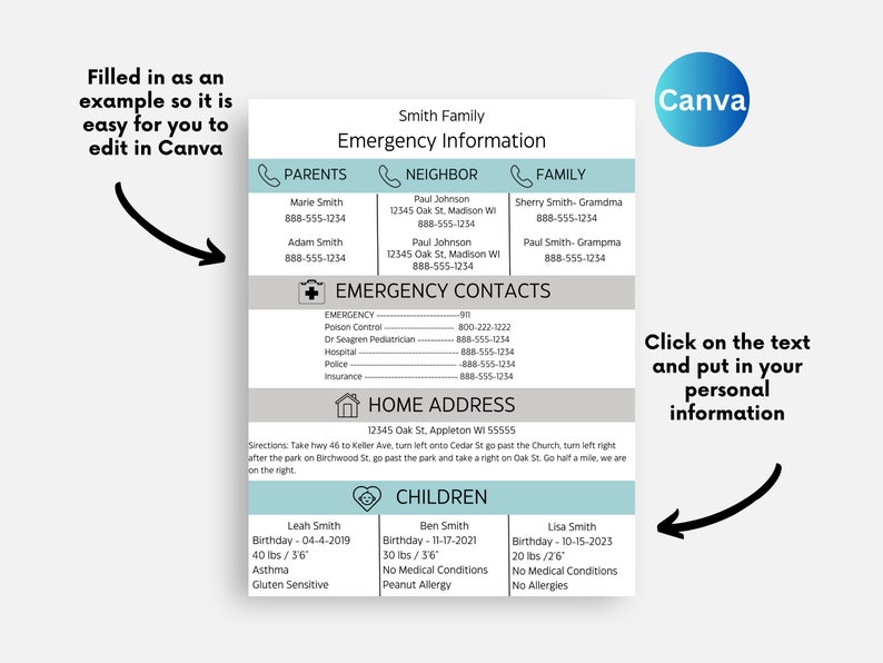 Emergency Information Sheet | Editable Emergency Contact Info Template ...