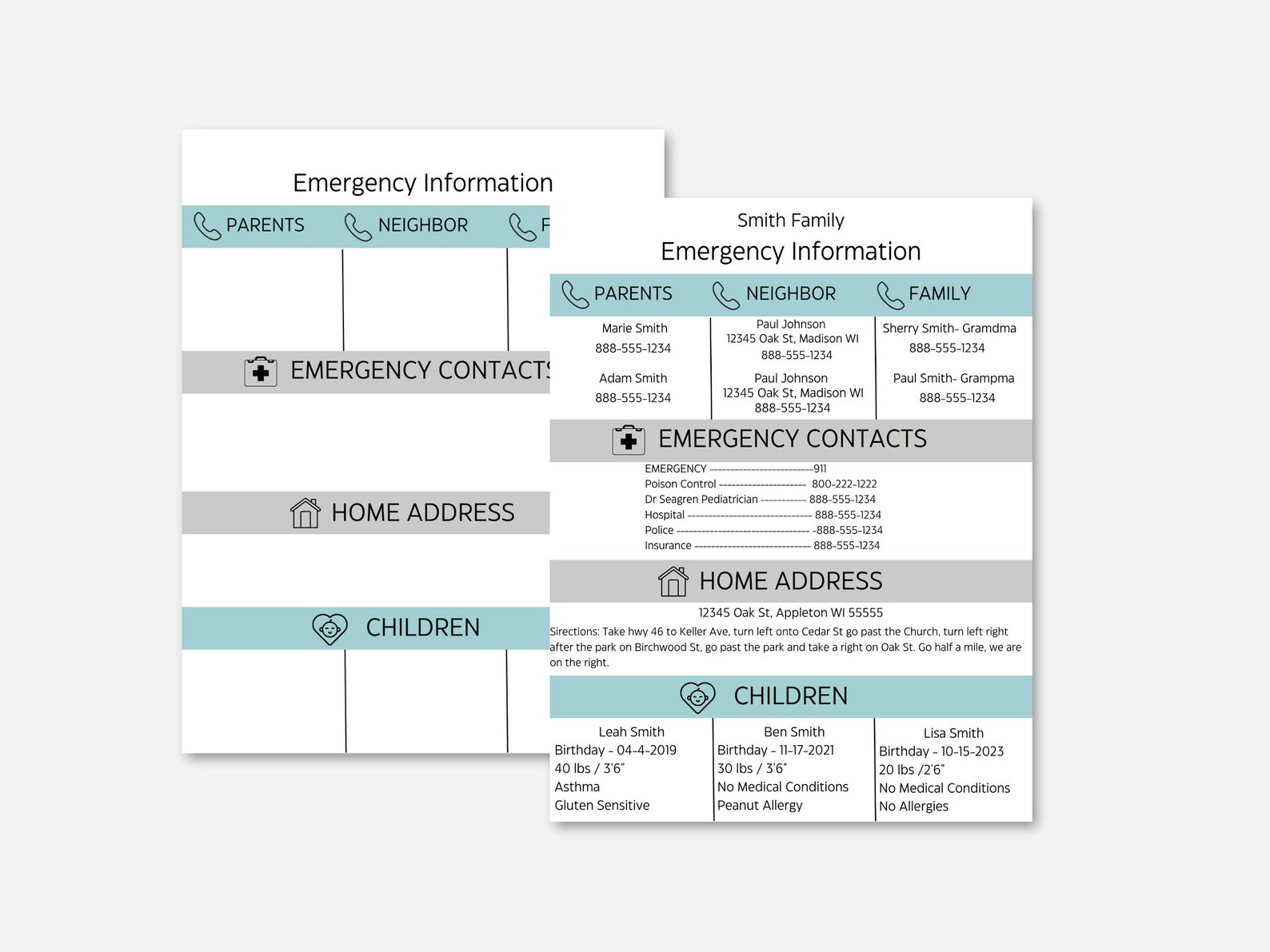 Emergency Information Sheet | Editable Emergency Contact Info Template ...