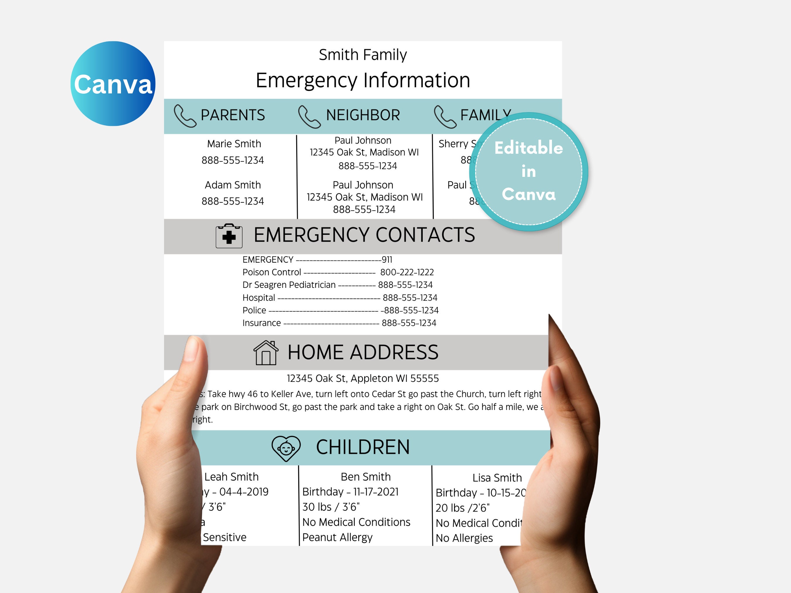 Emergency Information Sheet | Editable Emergency Contact Info Template ...