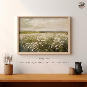 Serene Meadow Digital Art Print of White Wildflowers Landscape Wall Art ...