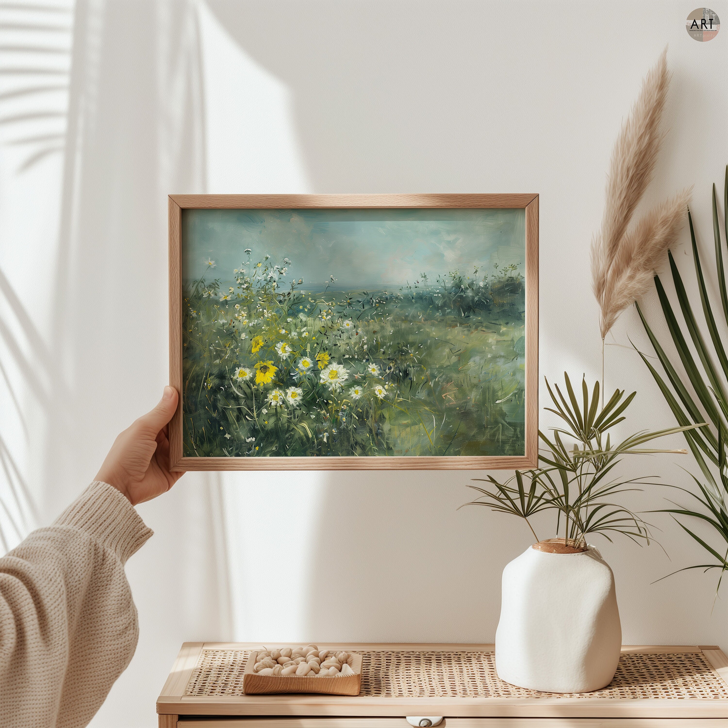 Serene Meadow Digital Oil Painting Tranquil Wildflower Landscape Art ...