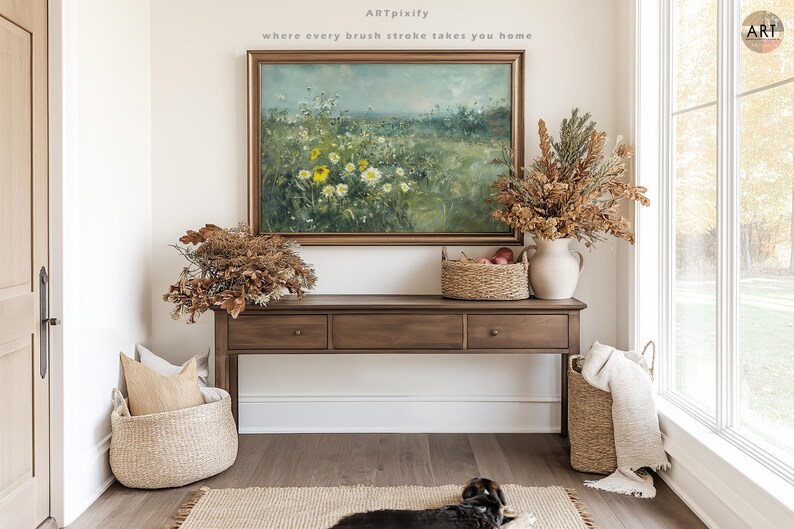 Serene Meadow Digital Oil Painting - Tranquil Wildflower Landscape Art ...