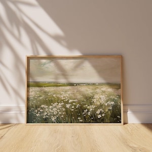 Serene Meadow Digital Art Print of White Wildflowers Landscape Wall Art ...