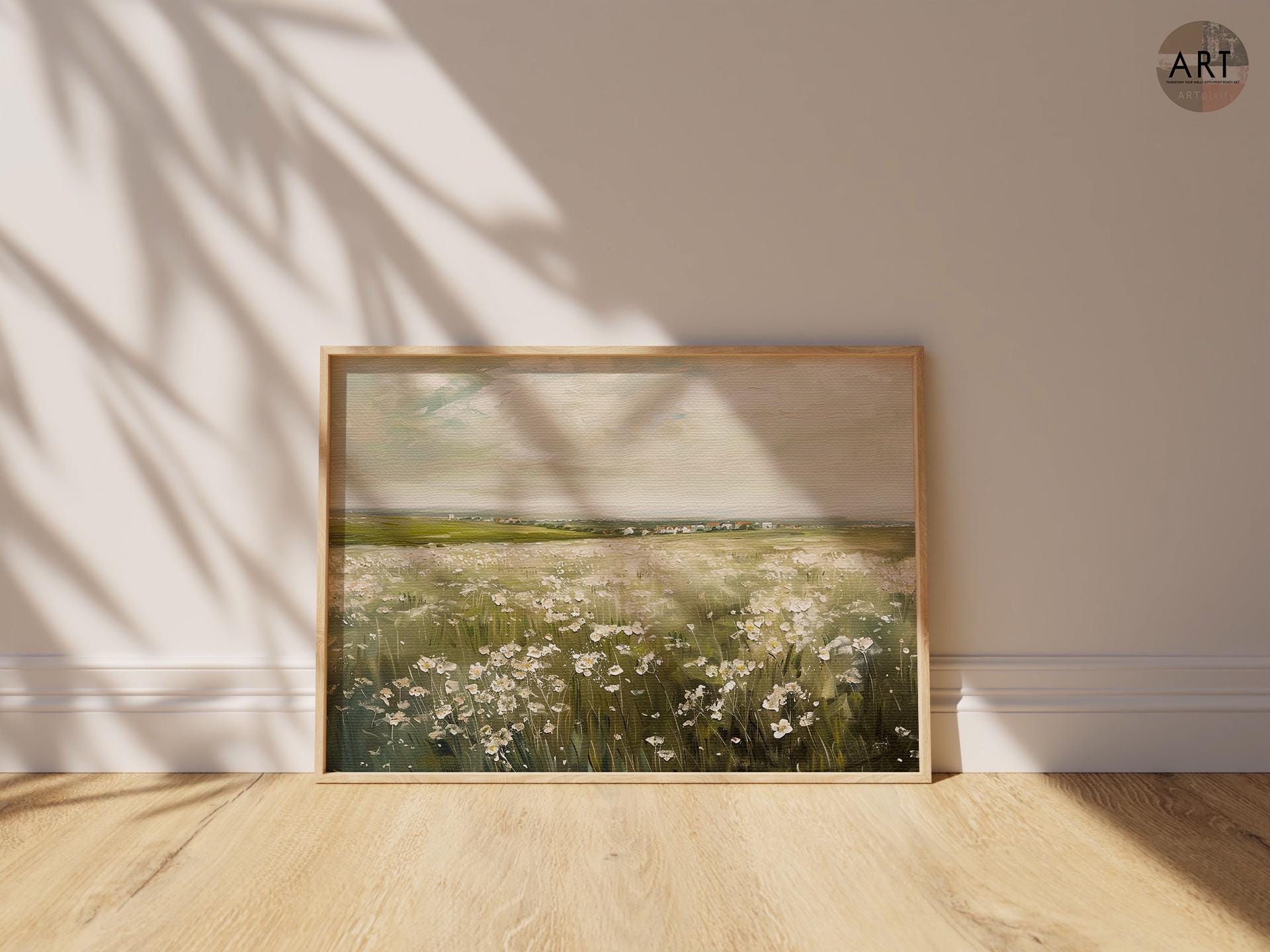 Serene Meadow Digital Art Print of White Wildflowers Landscape Wall Art ...