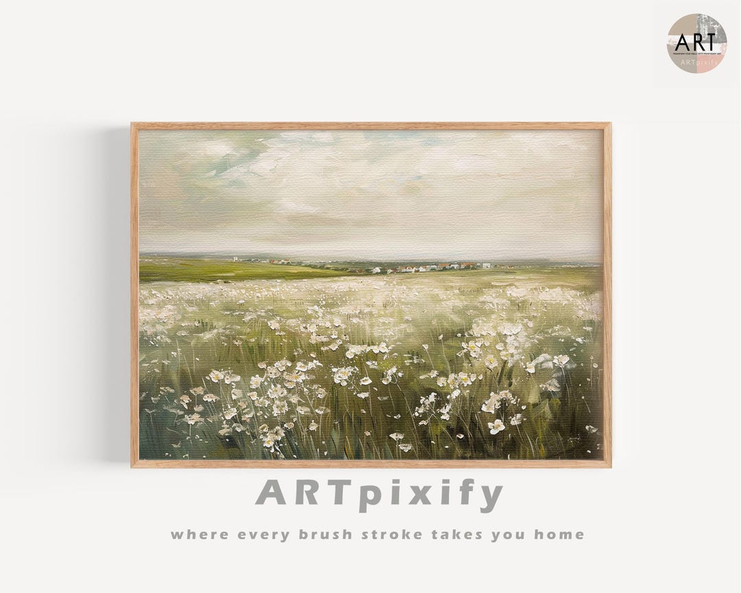 Serene Meadow Digital Art Print of White Wildflowers Landscape Wall Art ...