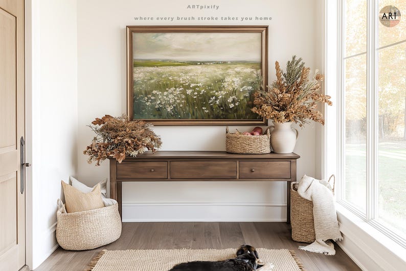 Serene Meadow Digital Art Print of White Wildflowers Landscape Wall Art ...