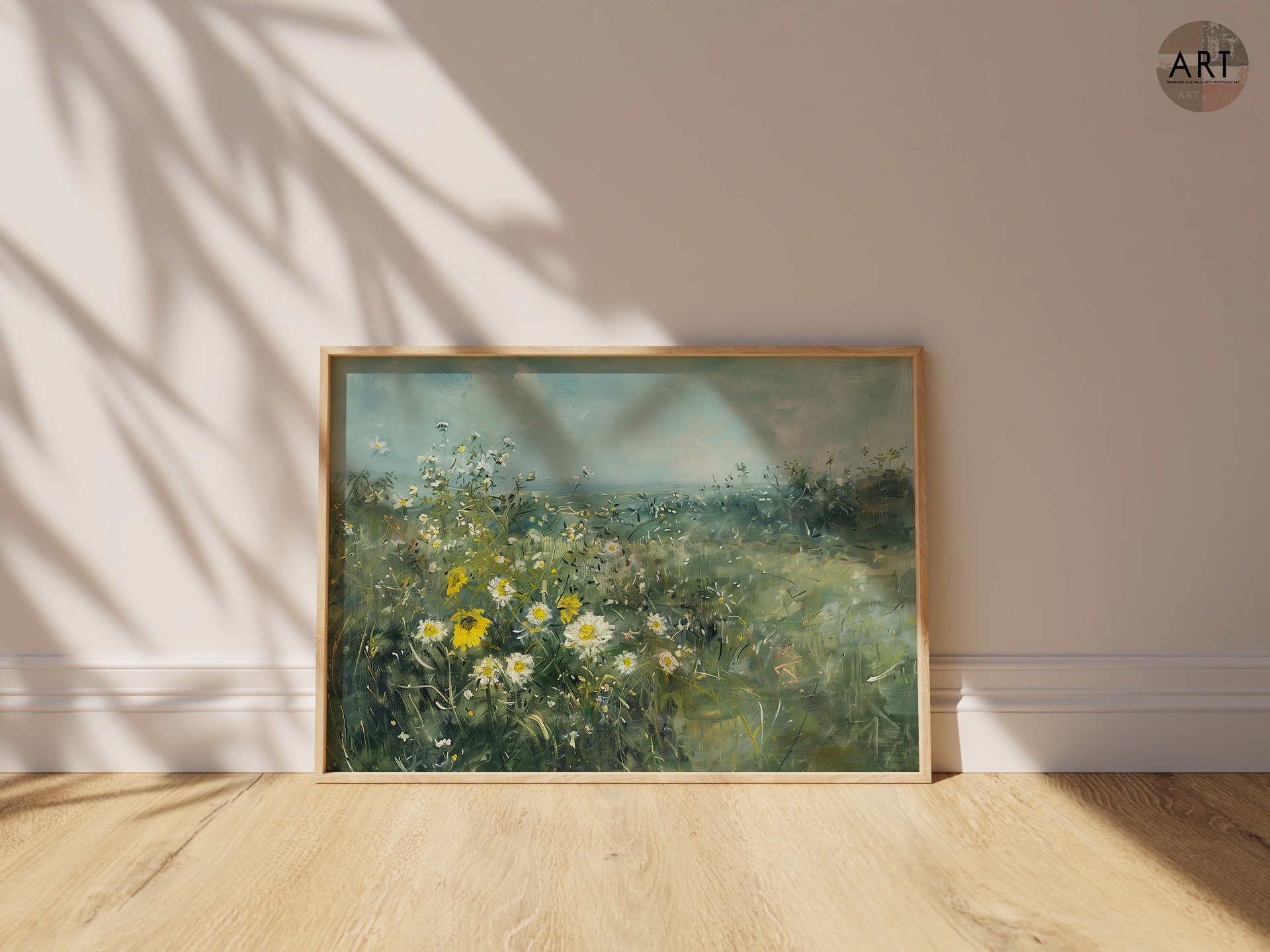 Serene Meadow Digital Oil Painting - Tranquil Wildflower Landscape Art ...