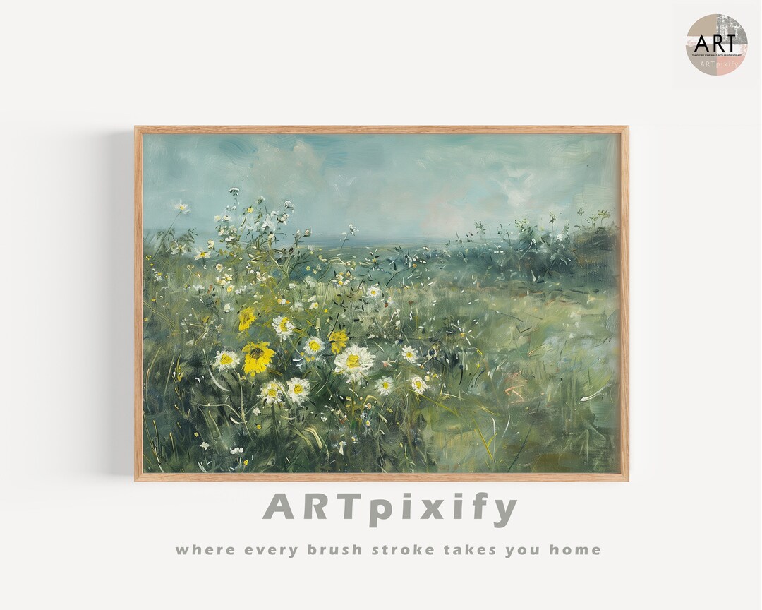 Serene Meadow Digital Oil Painting - Tranquil Wildflower Landscape Art ...