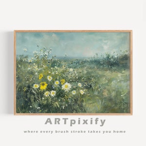 Serene Meadow Digital Oil Painting - Tranquil Wildflower Landscape Art ...
