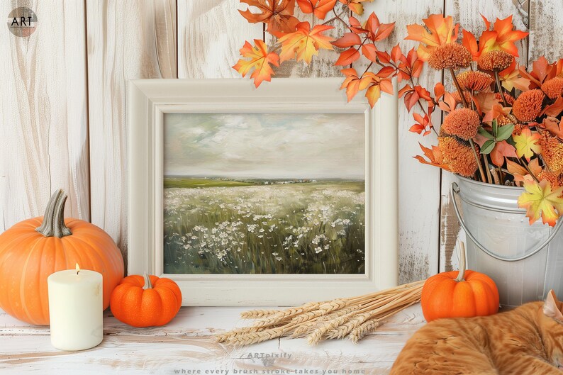 Serene Meadow Digital Art Print of White Wildflowers Landscape Wall Art ...