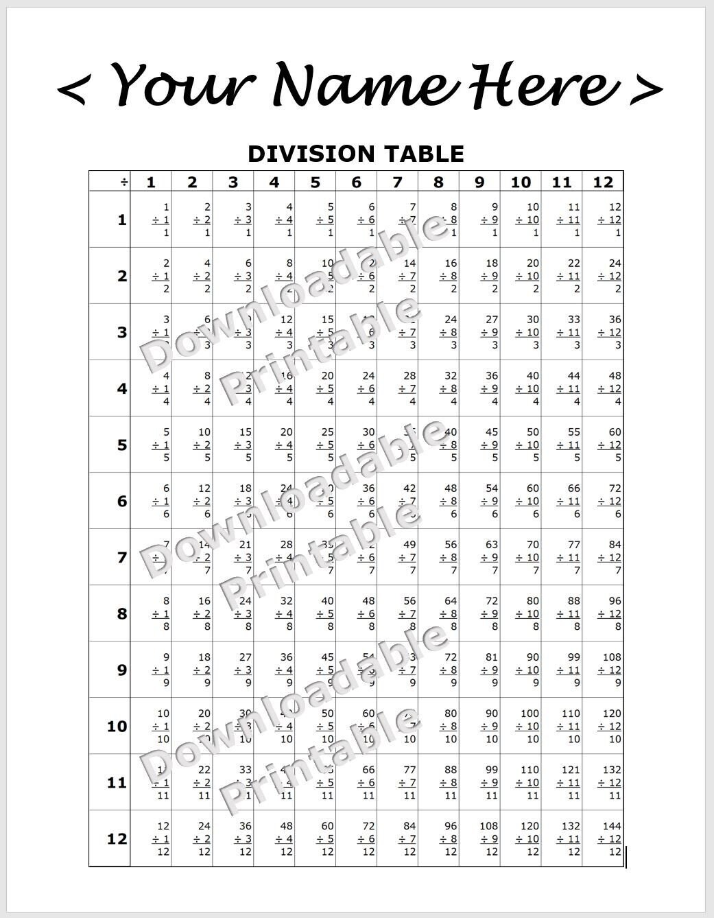 Personalized Division Table - Complete up to 144/12 - Etsy
