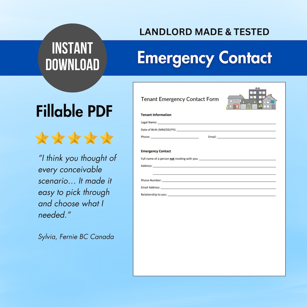 Tenant Emergency Contact Form: Fillable Landlord Form (PDF) - Etsy