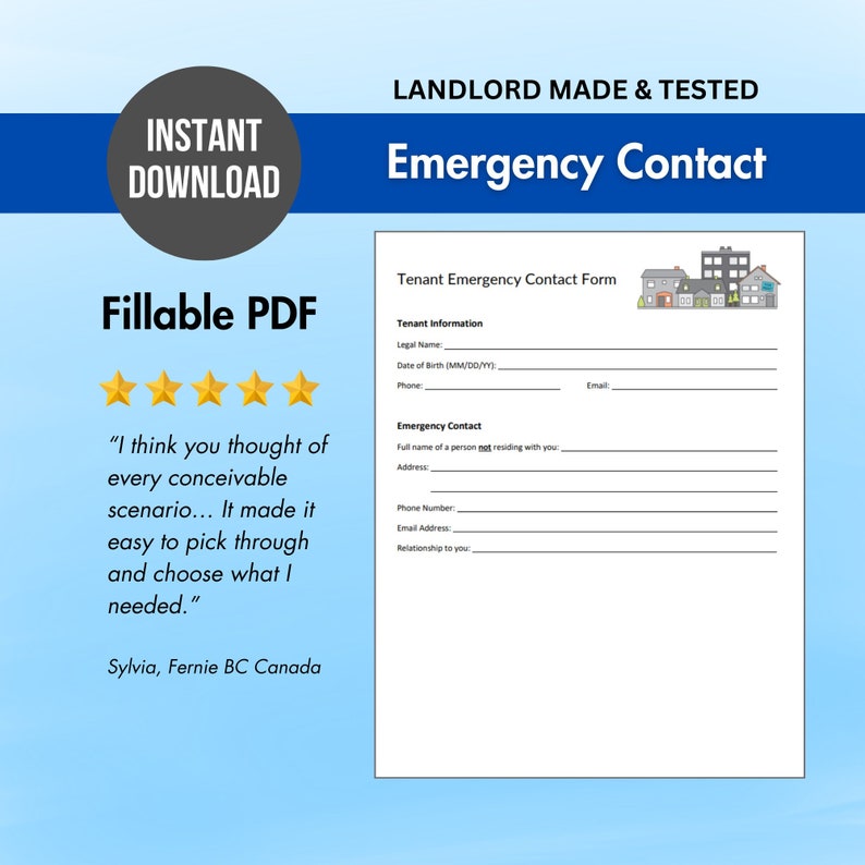 Tenant Emergency Contact Form: Fillable Landlord Form (PDF) - Etsy