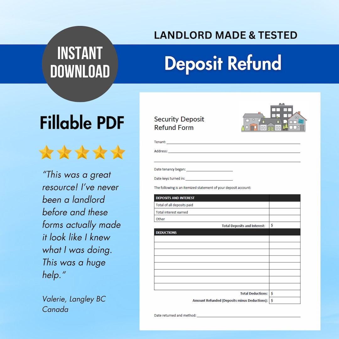 Security / Damage Deposit Fillable Refund Form | Landlord Rental Form ...