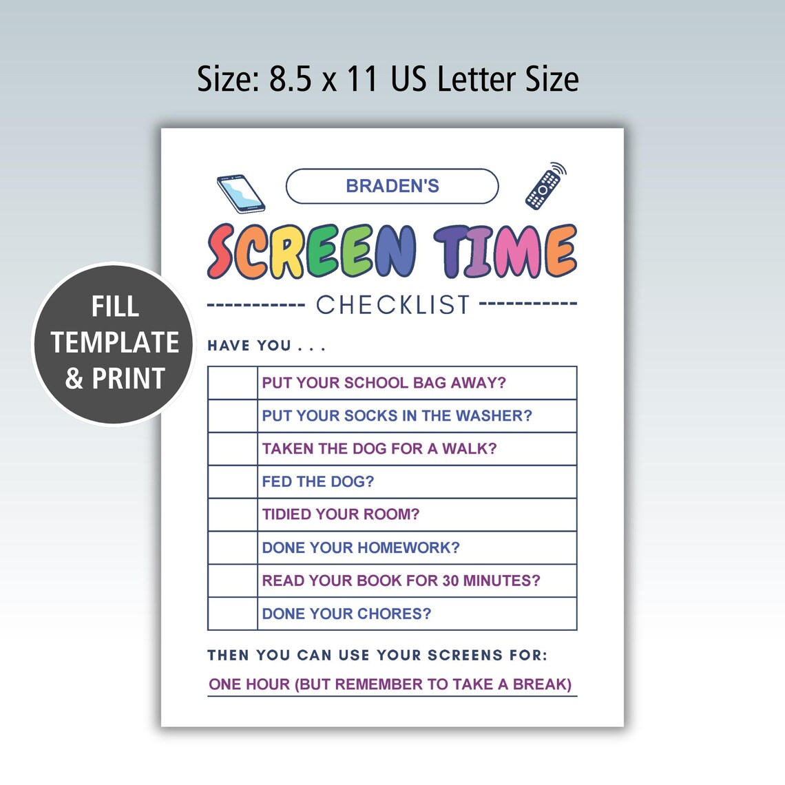 Personalized Screen Time Rules Chart: Editable Kids Checklist (PDF ...