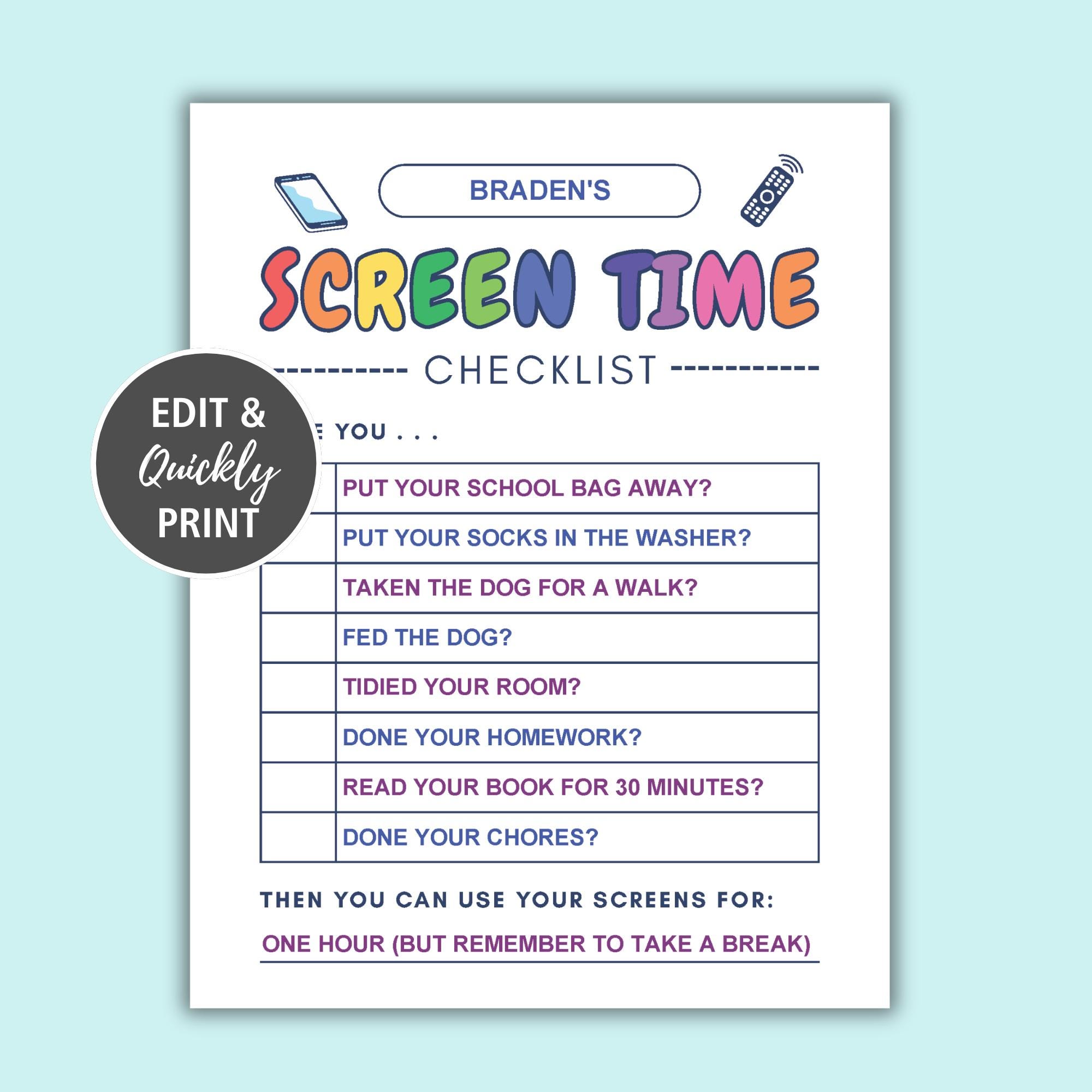 Editable Screen Time Rules for Kids | Personalized Name Printable ...