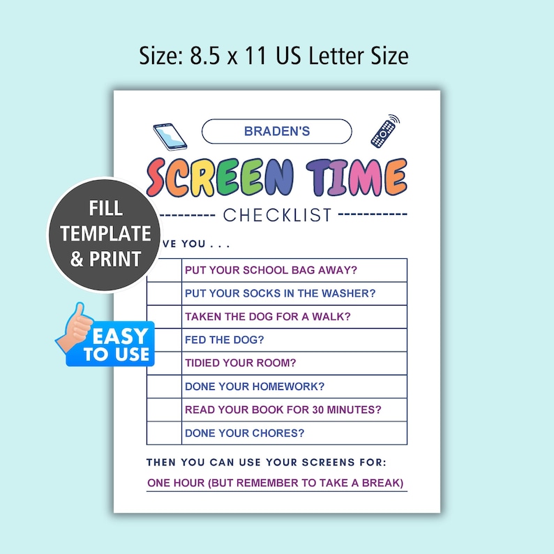 Editable Screen Time Rules for Kids | Personalized Name Printable ...