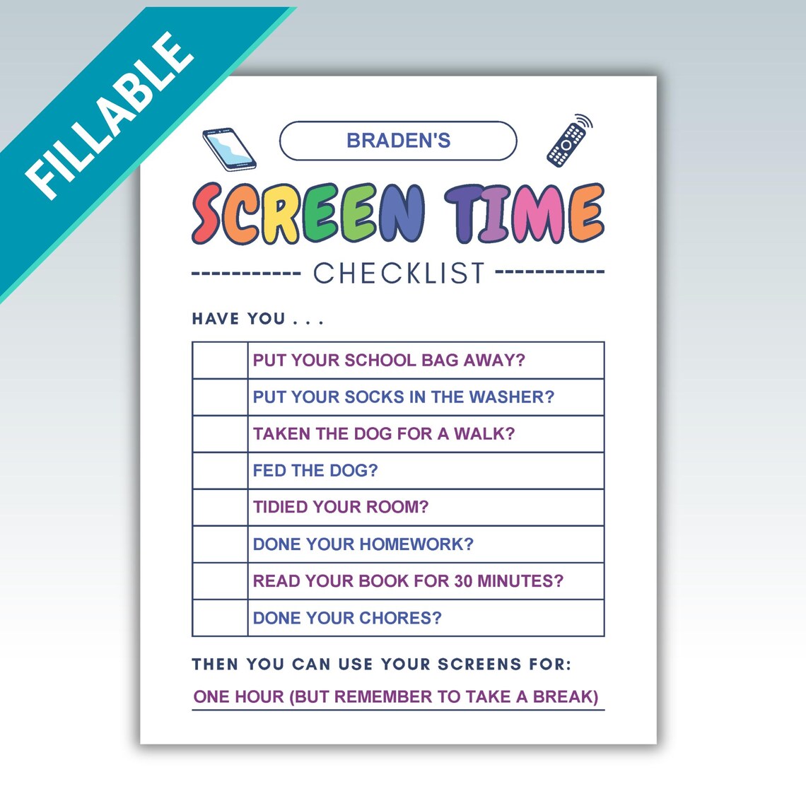 Personalized Screen Time Rules Chart: Editable Kids Checklist (PDF ...