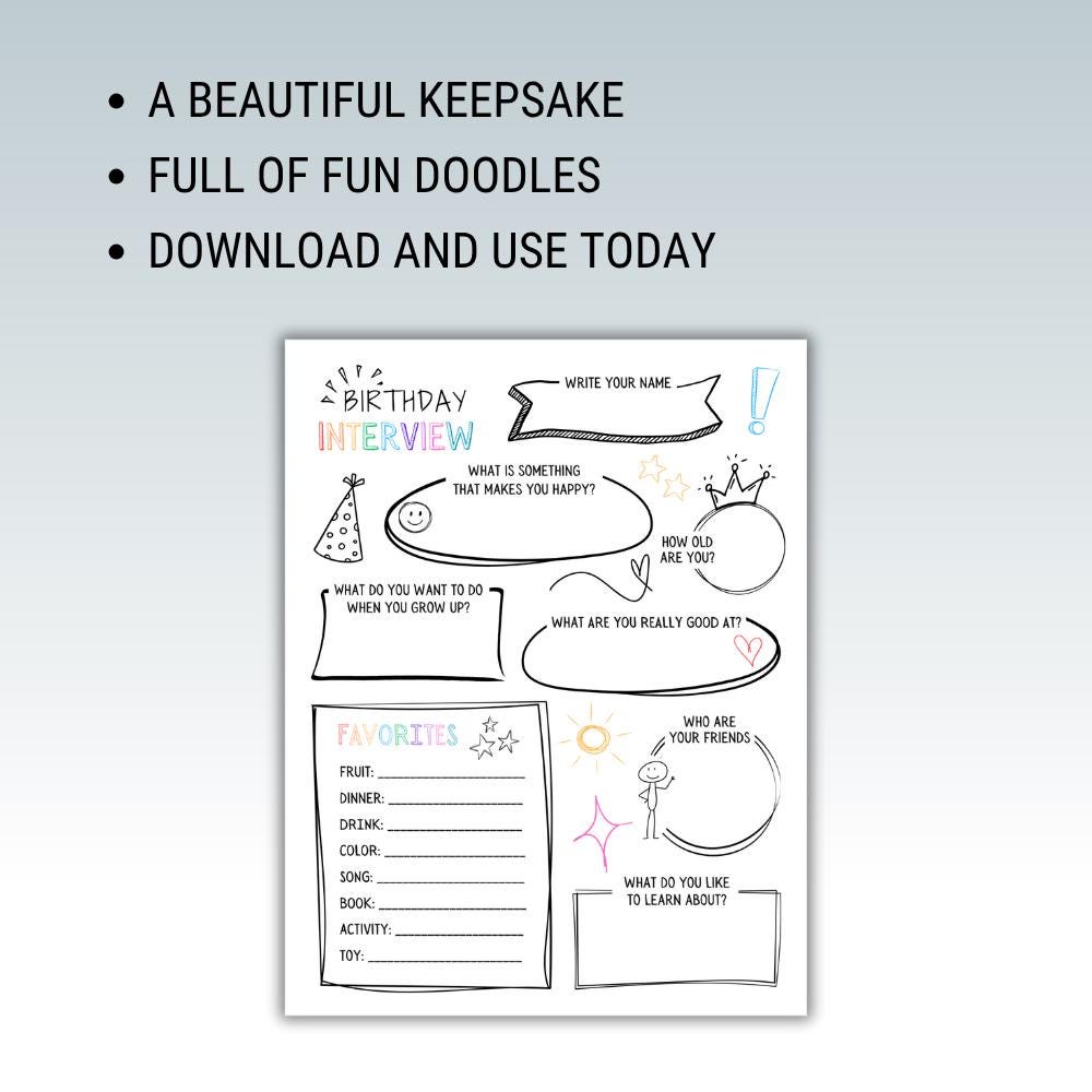 Kids Birthday Interview Printable: Year in Review Keepsake (fillable ...