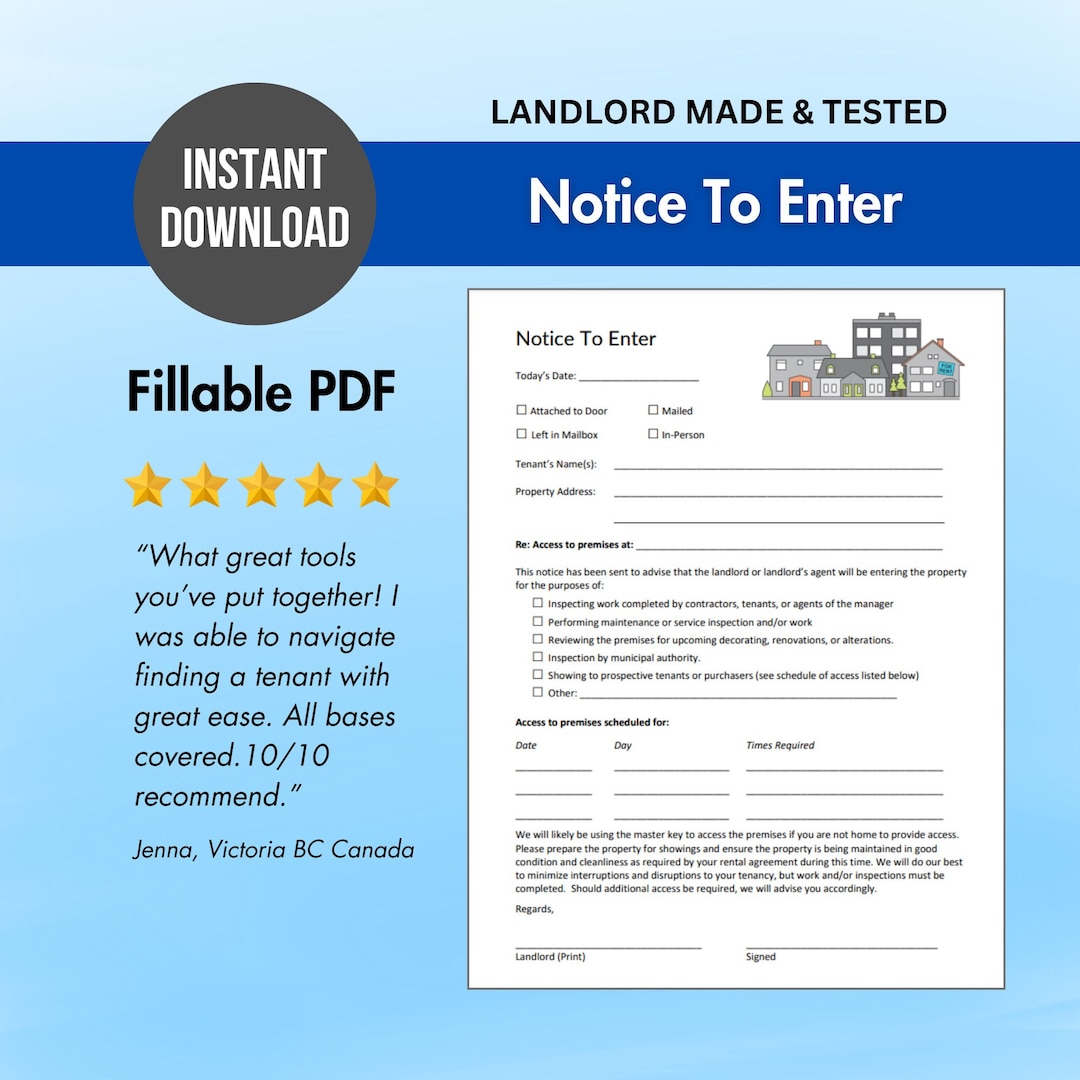 Landlord Notice to Enter Rental Unit: Fillable PDF Form (digital ...