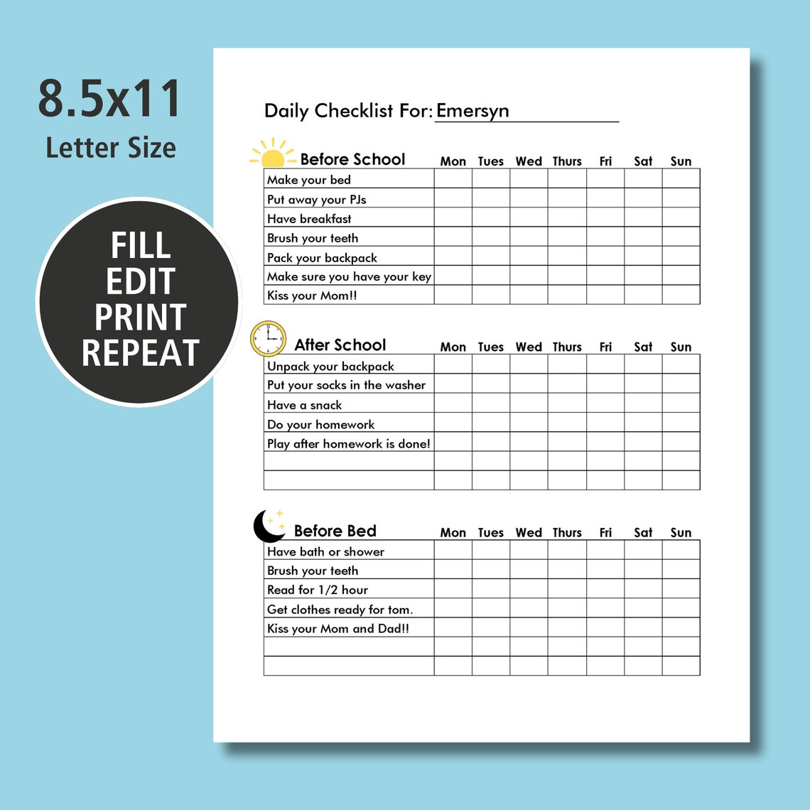 Editable Kids Chore Chart Printable Daily Checklist for Kids ...