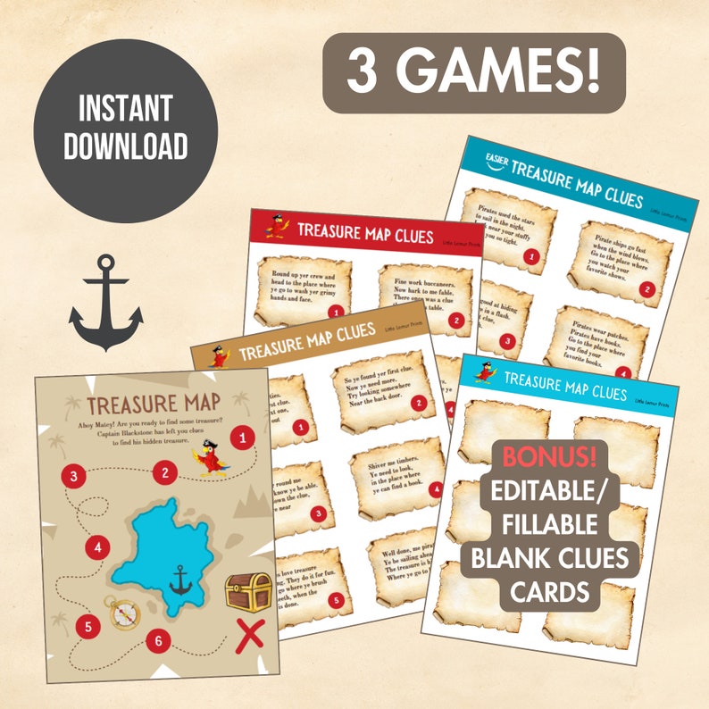 Pirate Treasure Hunt Map & Clues: 3 Games, Editable Cards (digital ...