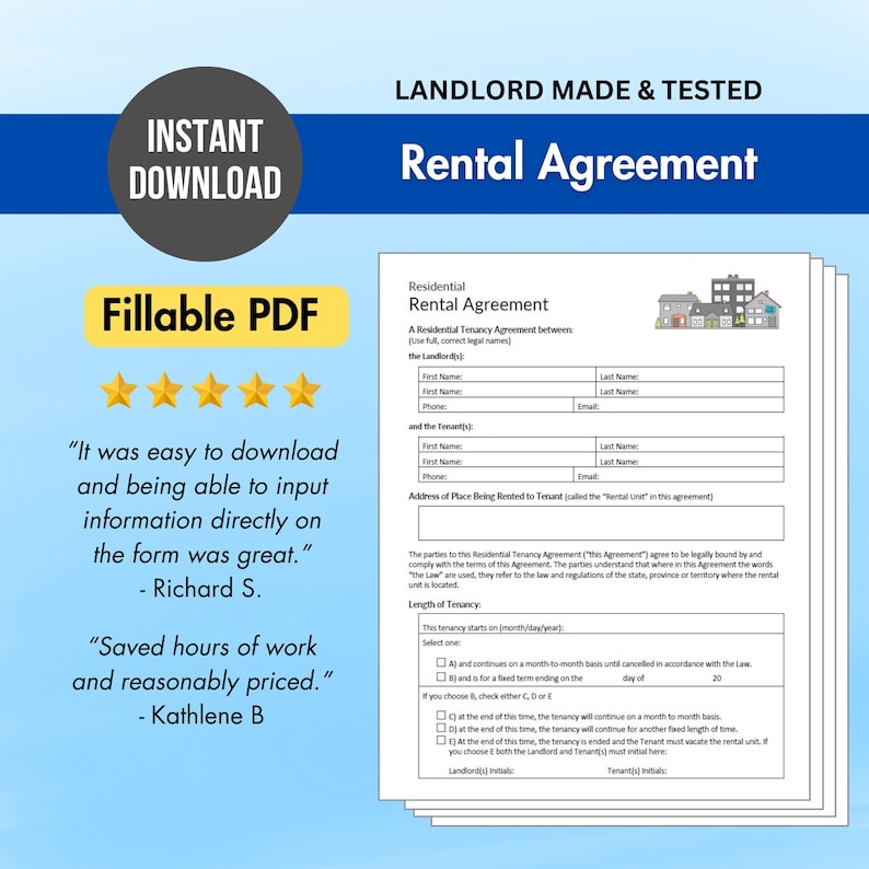 Printable Rental Agreement Template Fillable Lease Contract Form for ...