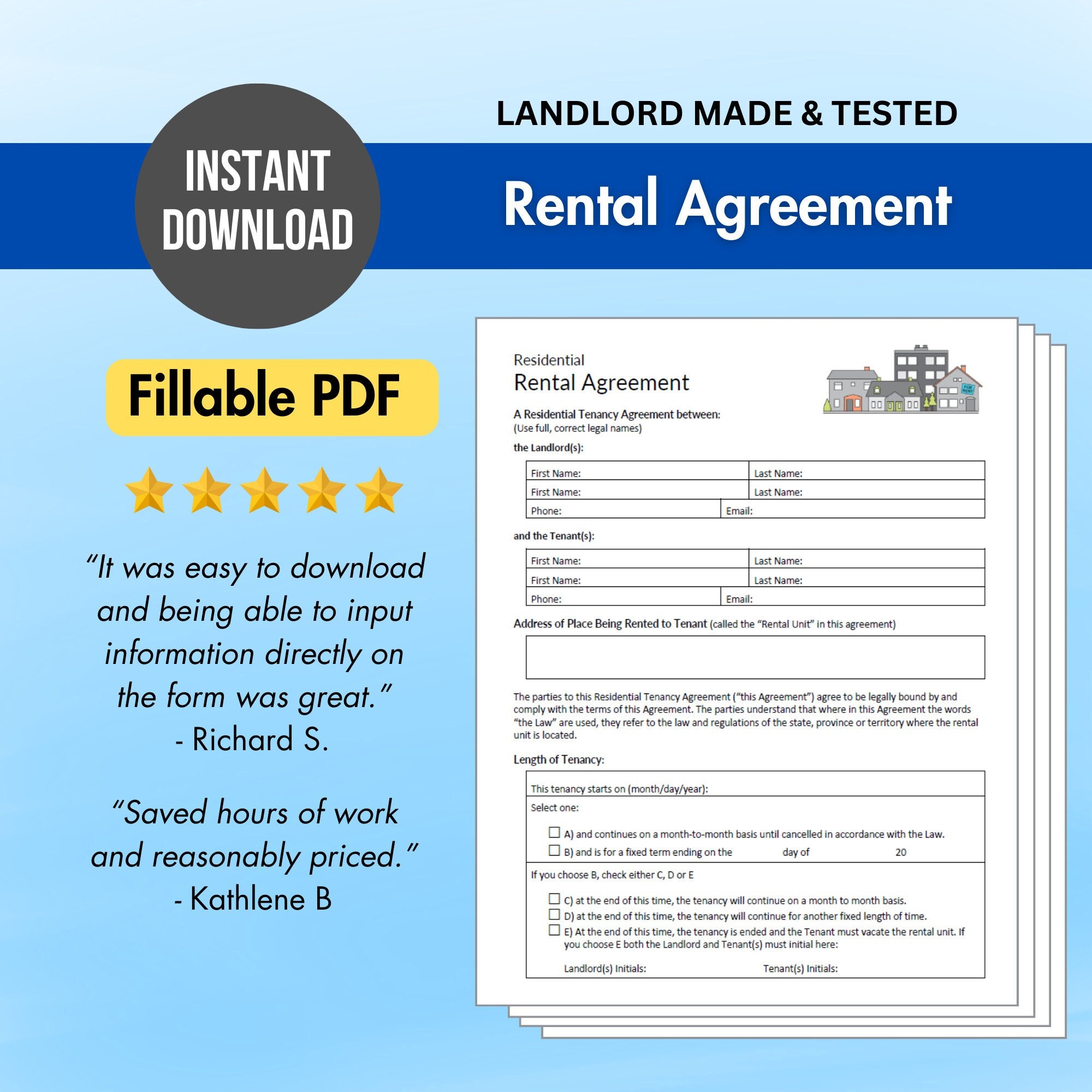 Printable Rental Agreement Template Fillable Lease Contract Form for ...