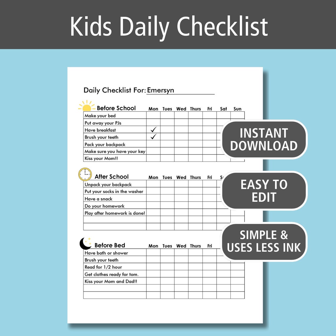 Editable Kids Chore Chart Printable Daily Checklist for Kids ...