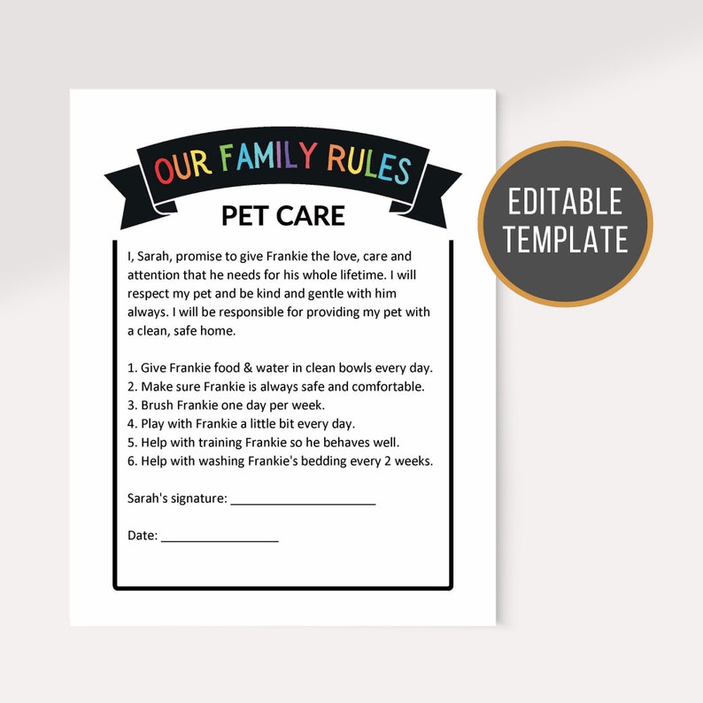 Pet Chores Printable Template for Kids | Pet Agreement | Pet Care House ...