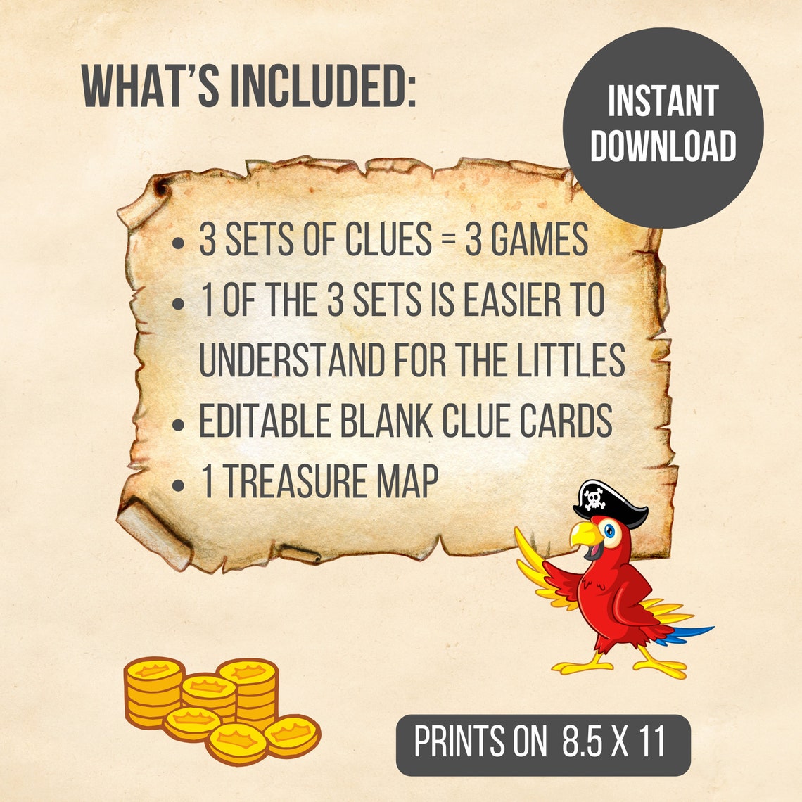 Pirate Treasure Hunt Map & Clues: 3 Games, Editable Cards (digital ...