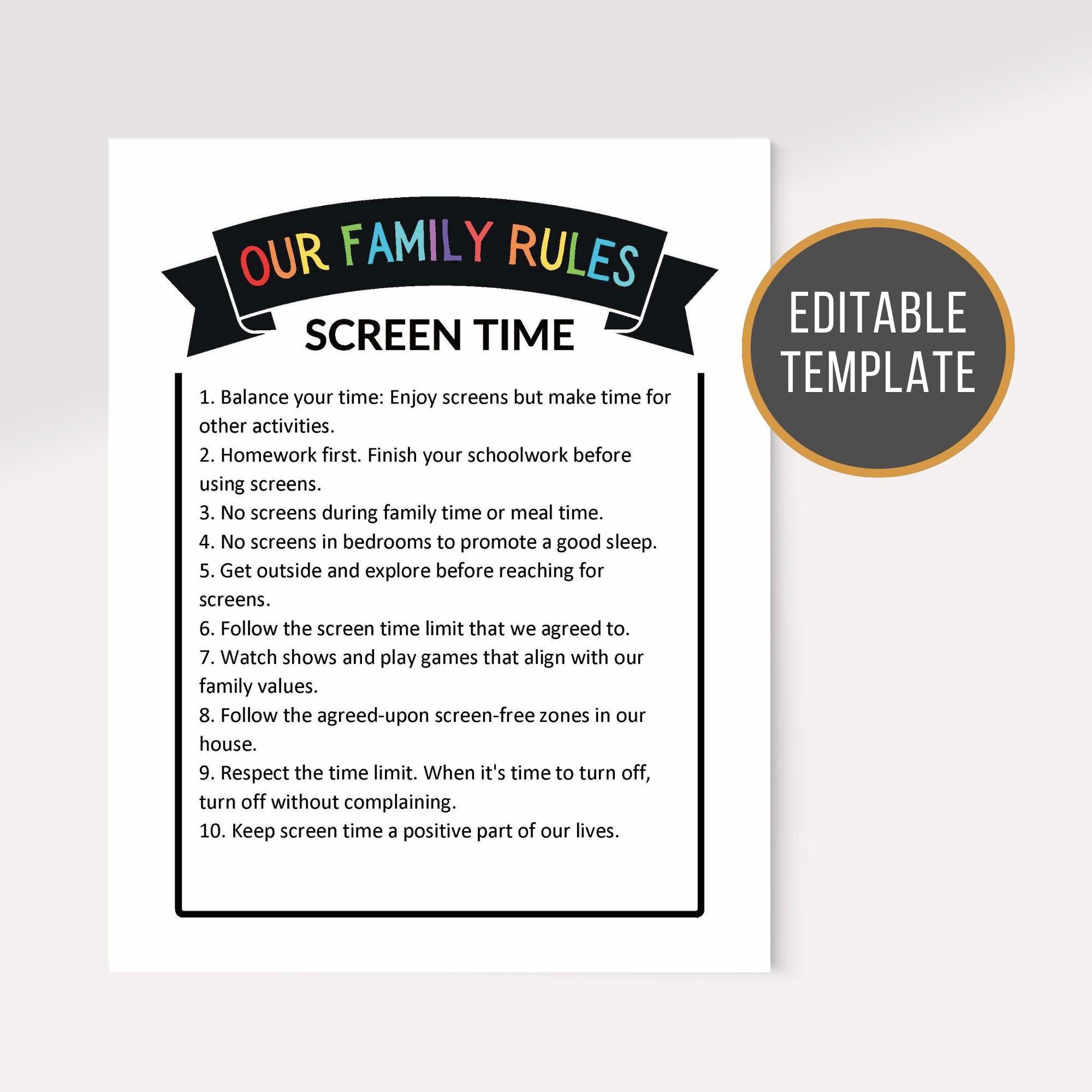 Screen Time Rules Editable Template | House Rules for Screens, Devices ...