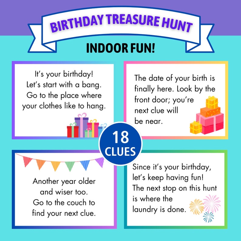 Indoor Birthday Treasure Hunt | Printable Birthday Scavenger Hunt Clue ...