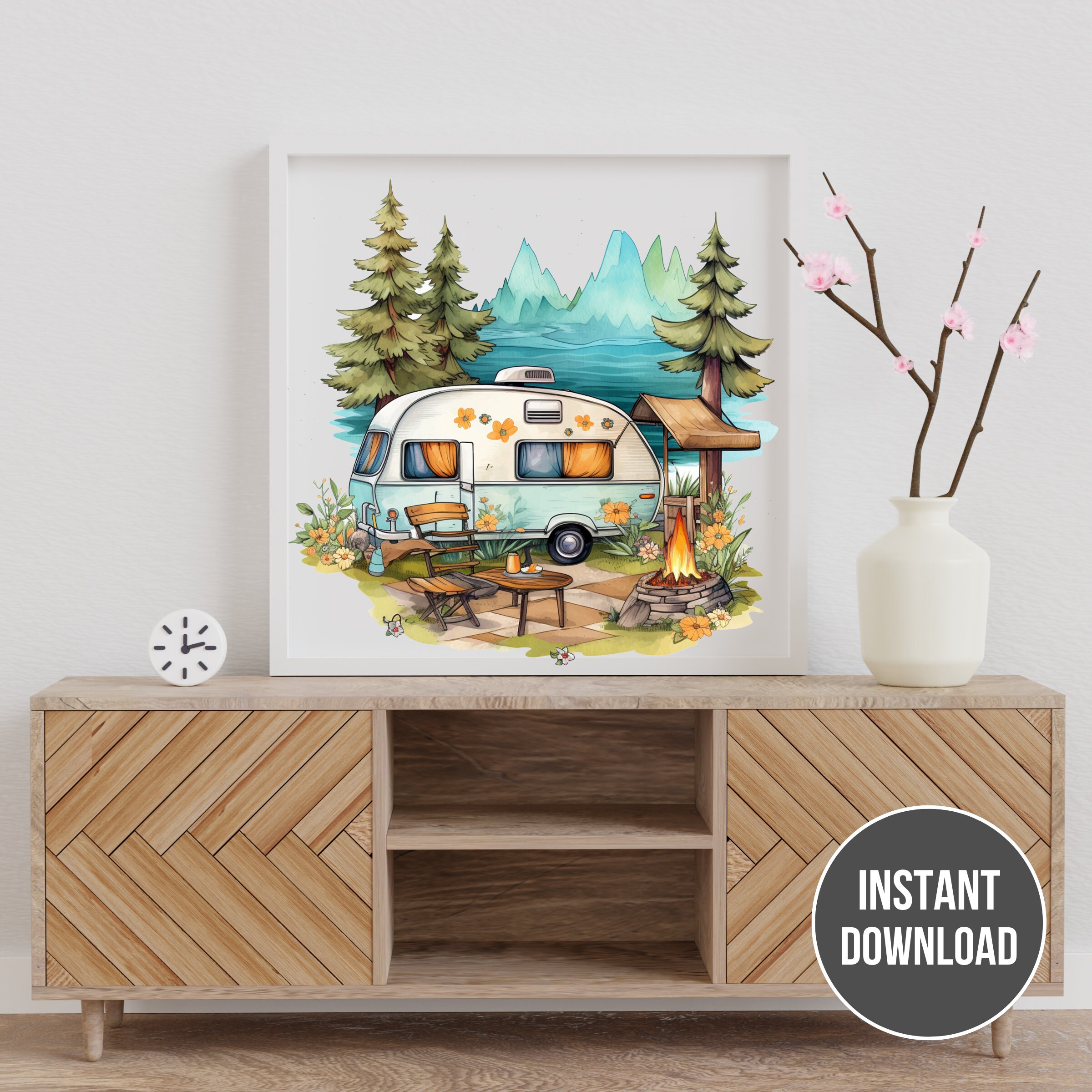 Camp Life Print Vintage Hippie Camper Digital Wall Art Retro Camping ...