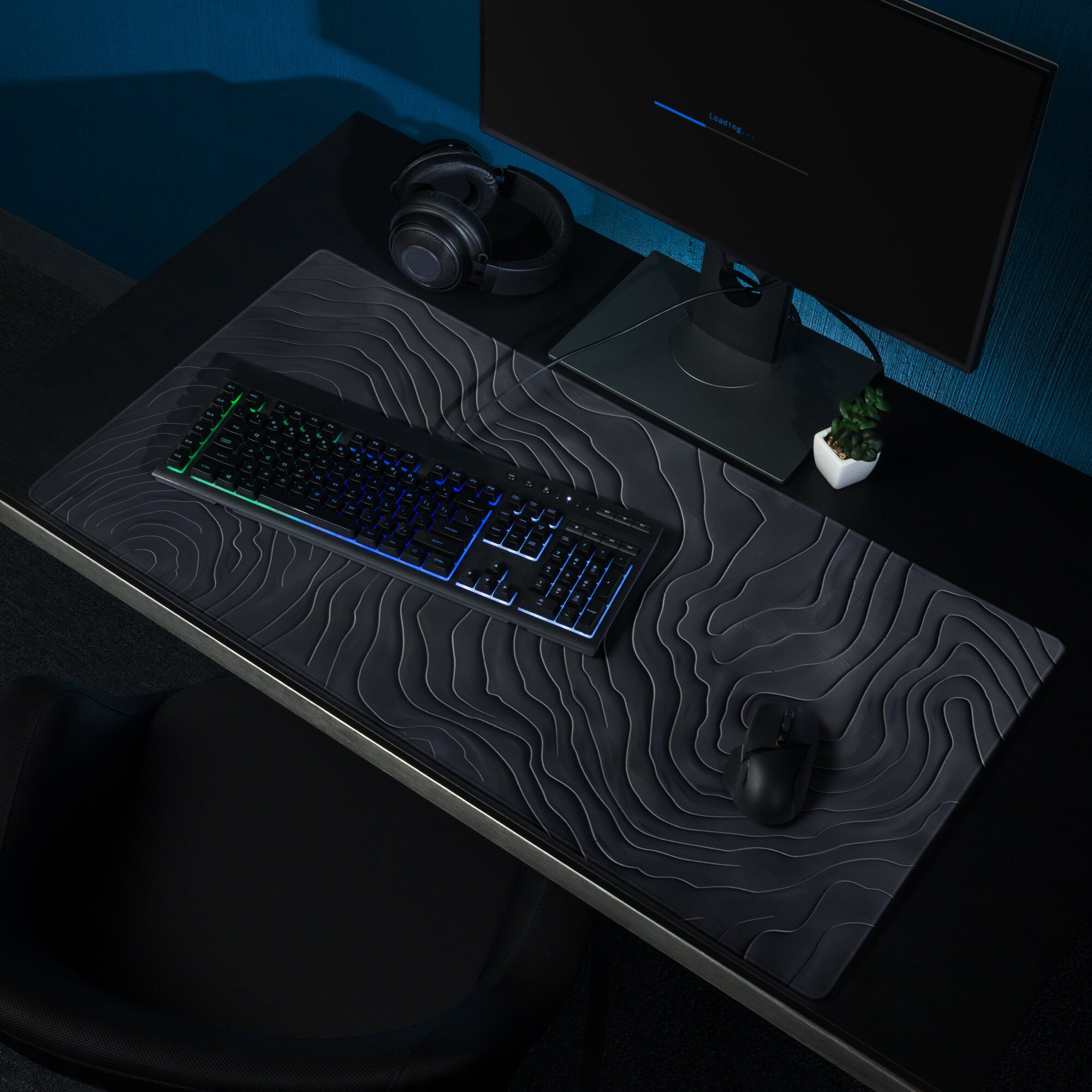 Minimalist Black on Black Topography Map Desk Mat, Geometric and Canvas ...