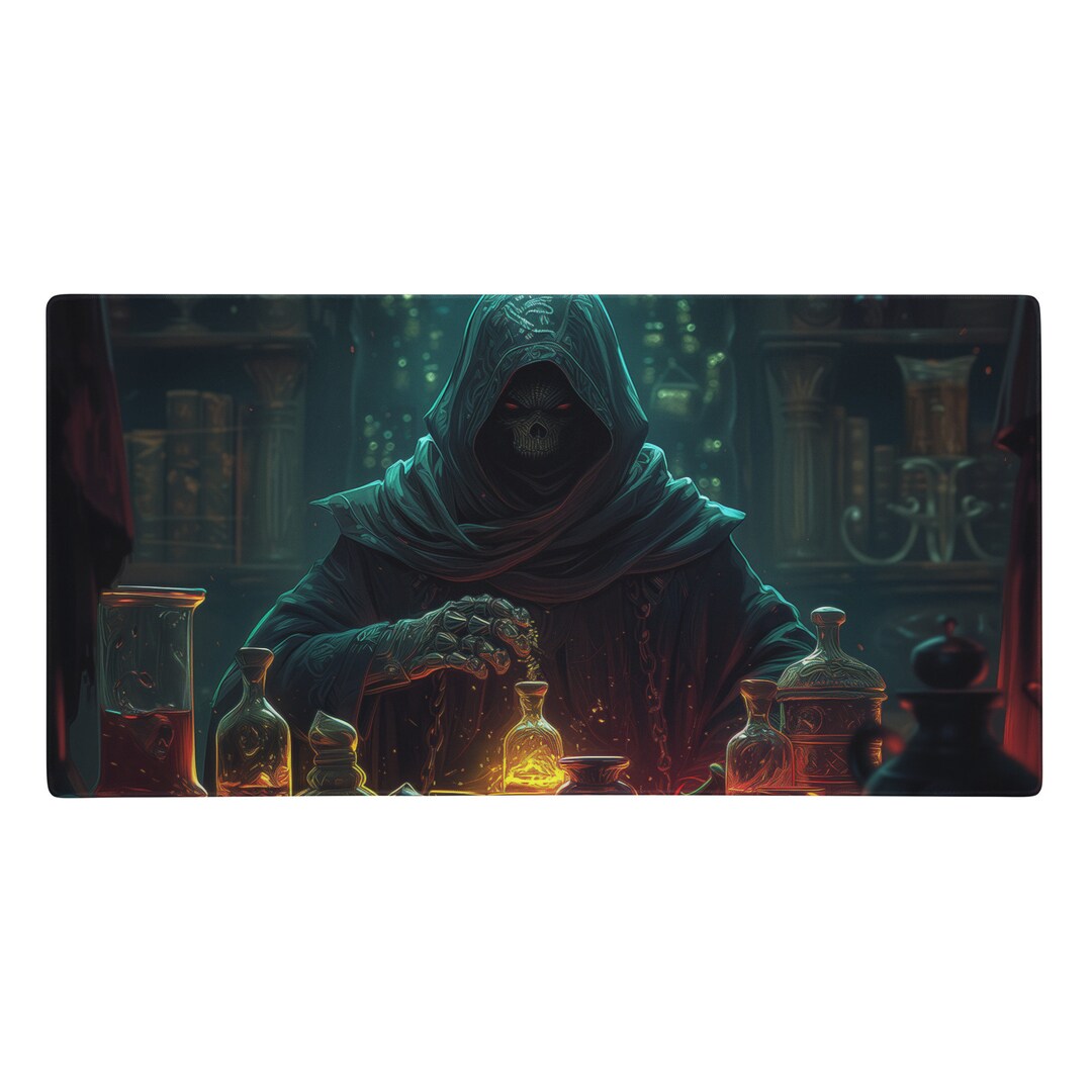 Warlock in Enchanted Lair Desk Mat, Distilling Alembic Flasks Fantasy ...