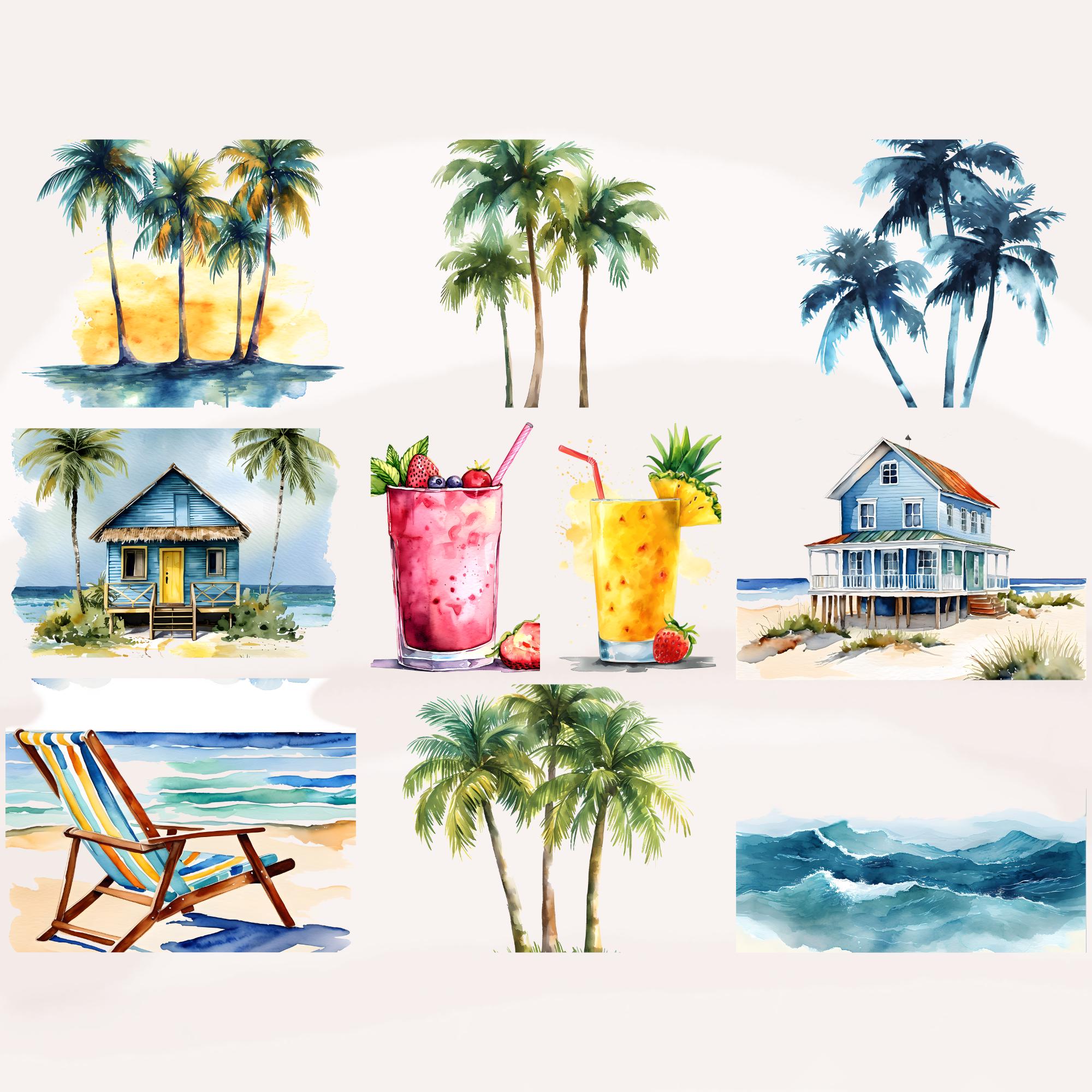 Watercolor Beach Clipart - DND SVG Beach Art Palm Tree Surfboard Mai ...