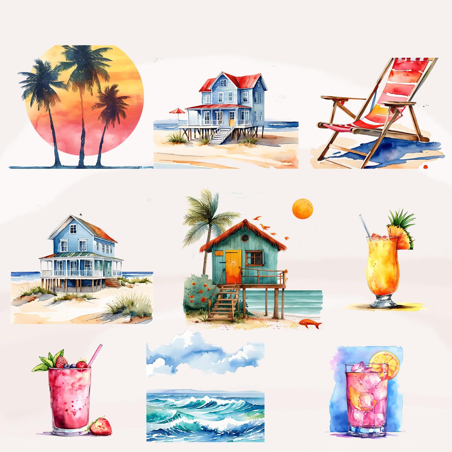 Watercolor Beach Clipart - DND SVG Beach Art Palm Tree Surfboard Mai ...