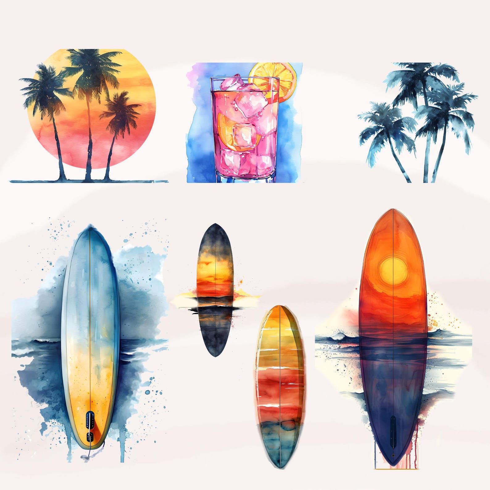 Watercolor Beach Clipart - DND SVG Beach Art Palm Tree Surfboard Mai ...