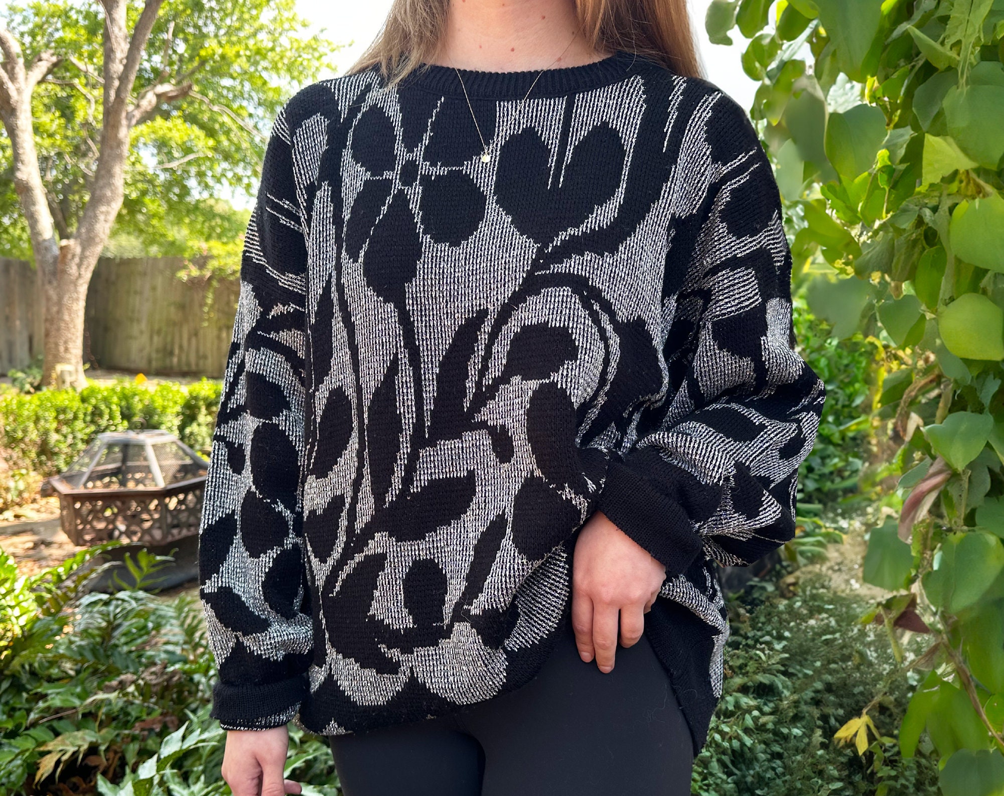 80's Vintage Metallic Sweater Pattern Floral Retro Black Silver Cute ...
