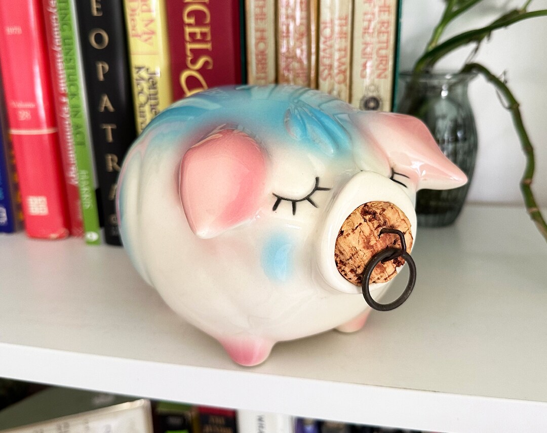 1957 Corky Pig - Piggy Bank Pink and Blue Cork Cute Funny Vintage ...