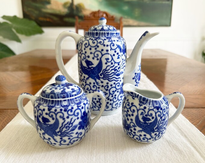 Phoenix Tea Set - Vintage Japan Blue Flying Bird Antique 1900 1945 Blue ...