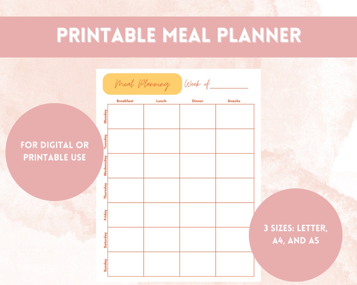 Printable Meal Planner 3 Sizes: Letter, A4, A5 Meal Prep, Meal Plan, A5 ...