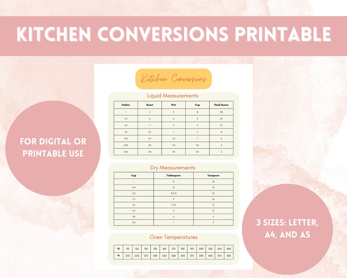 Kitchen Conversion Printable 3 Sizes: Letter, A4, A5 Kitchen Conversion ...