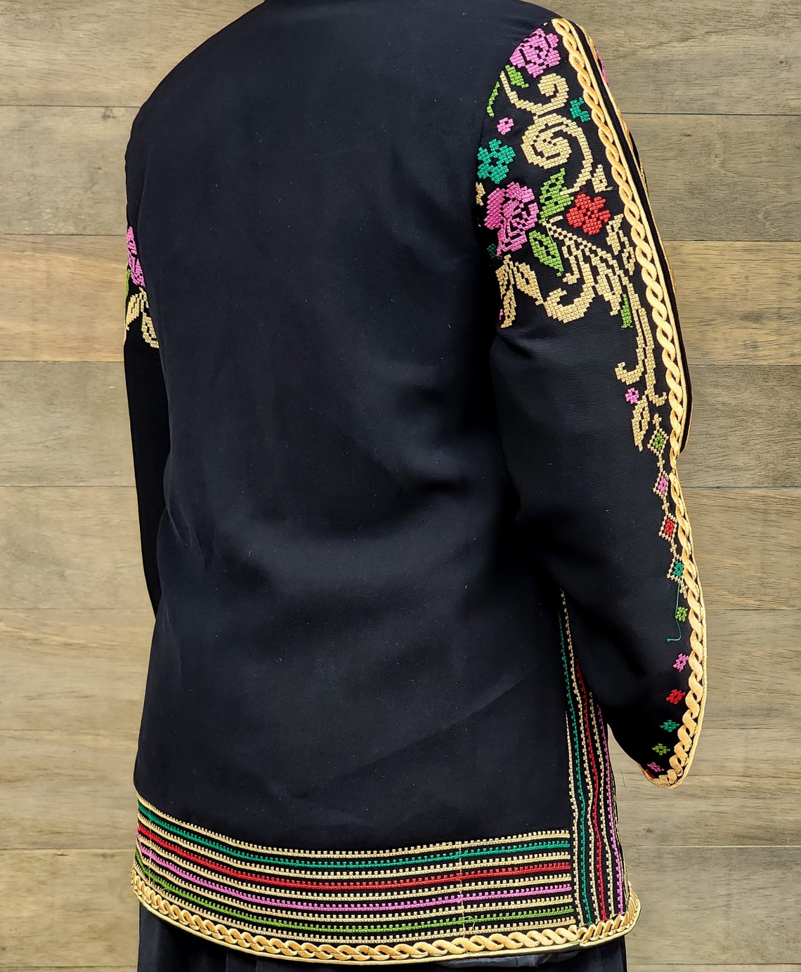 Tatreez Split Sleeve Jacket-black With Gold & Multi-color Accents - Etsy