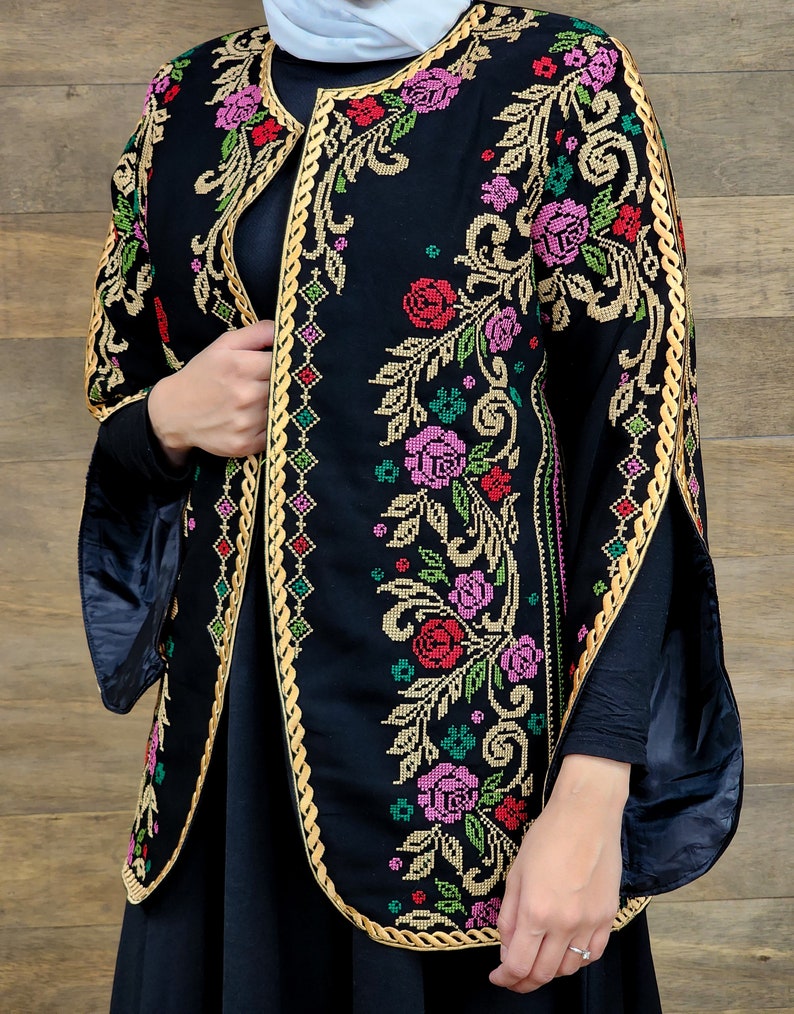 Tatreez Split Sleeve Jacket-black With Gold & Multi-color Accents - Etsy