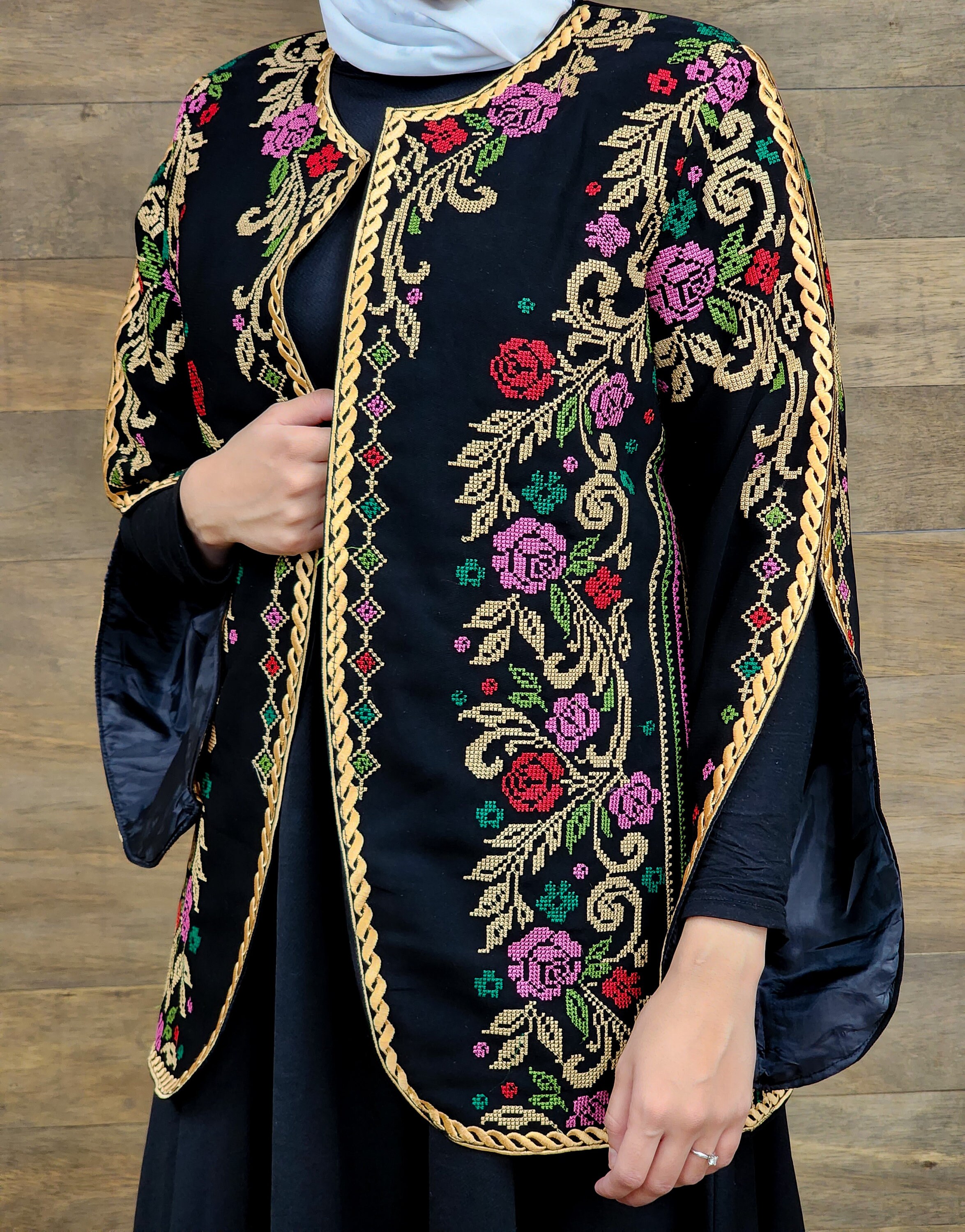 Tatreez Split Sleeve Jacket-black With Gold & Multi-color Accents - Etsy