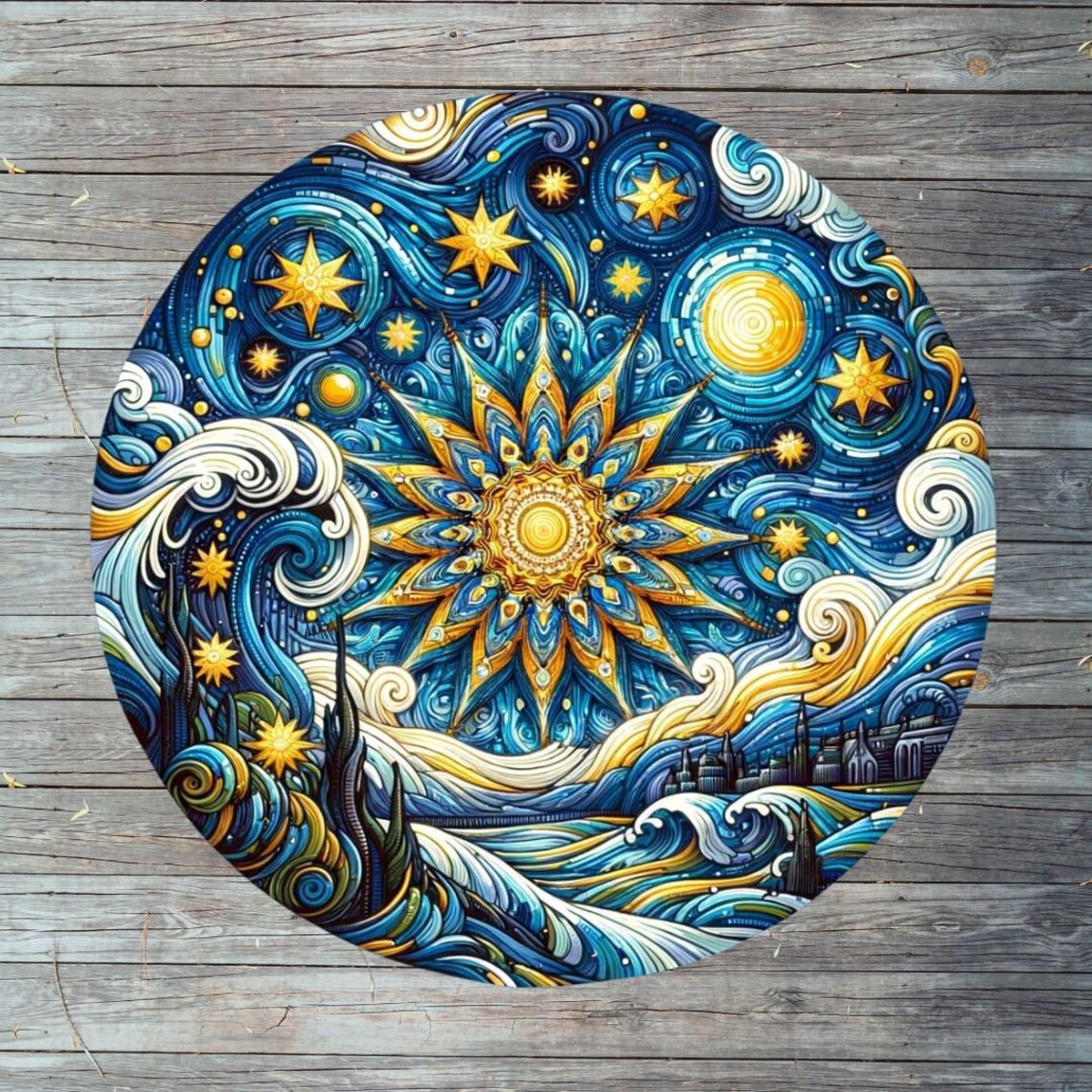 Starry Night Rug, Classic Art Mandala, Celestial Round Rug Accent ...