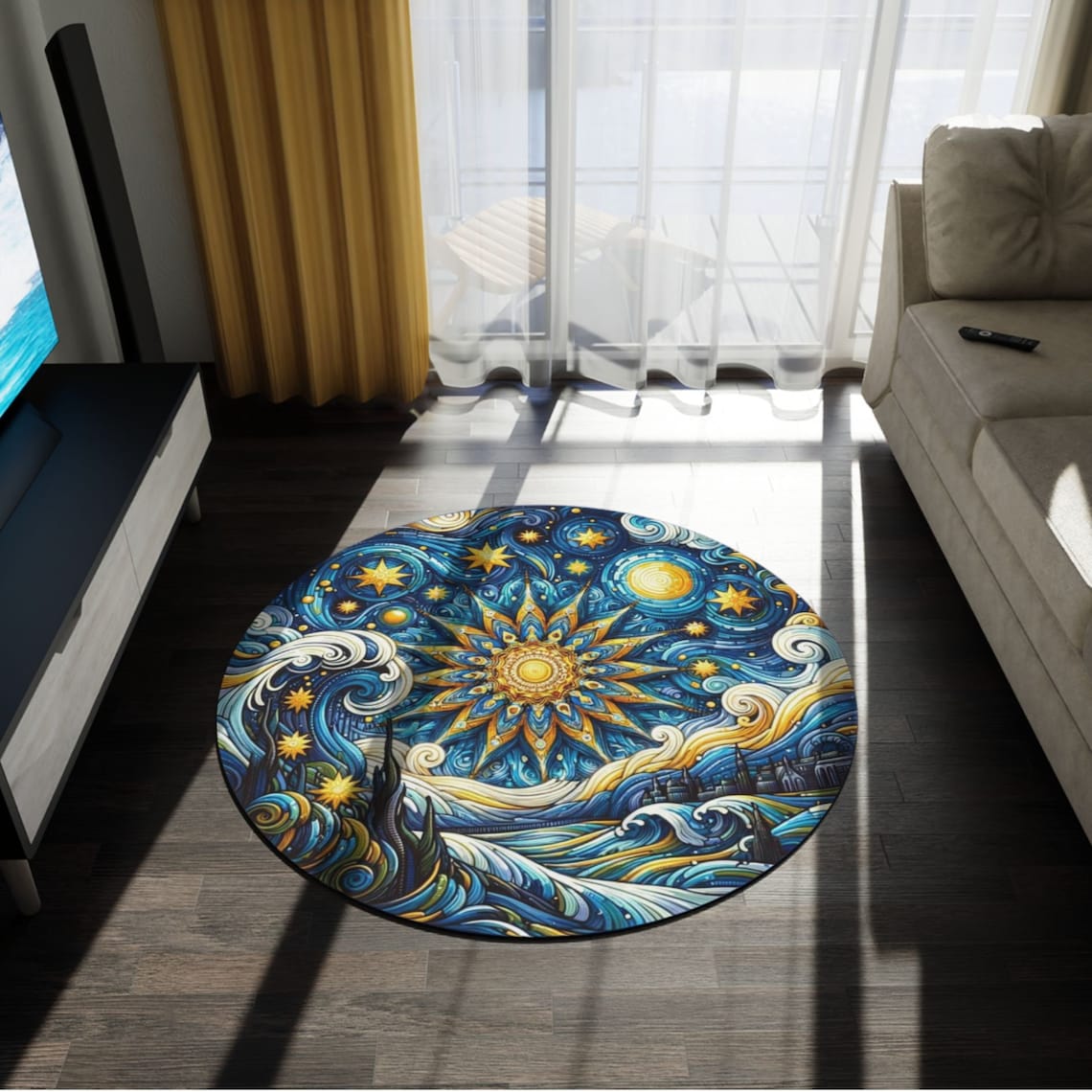 Starry Night Rug, Classic Art Mandala, Celestial Round Rug Accent ...