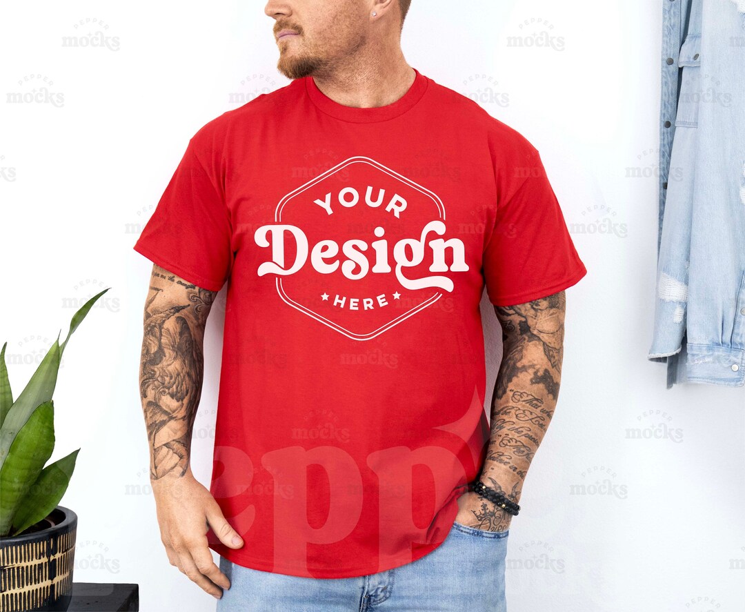 Gildan 5000 Red T-shirt Mockup Male G500 Tshirt Mock-up Real Human ...